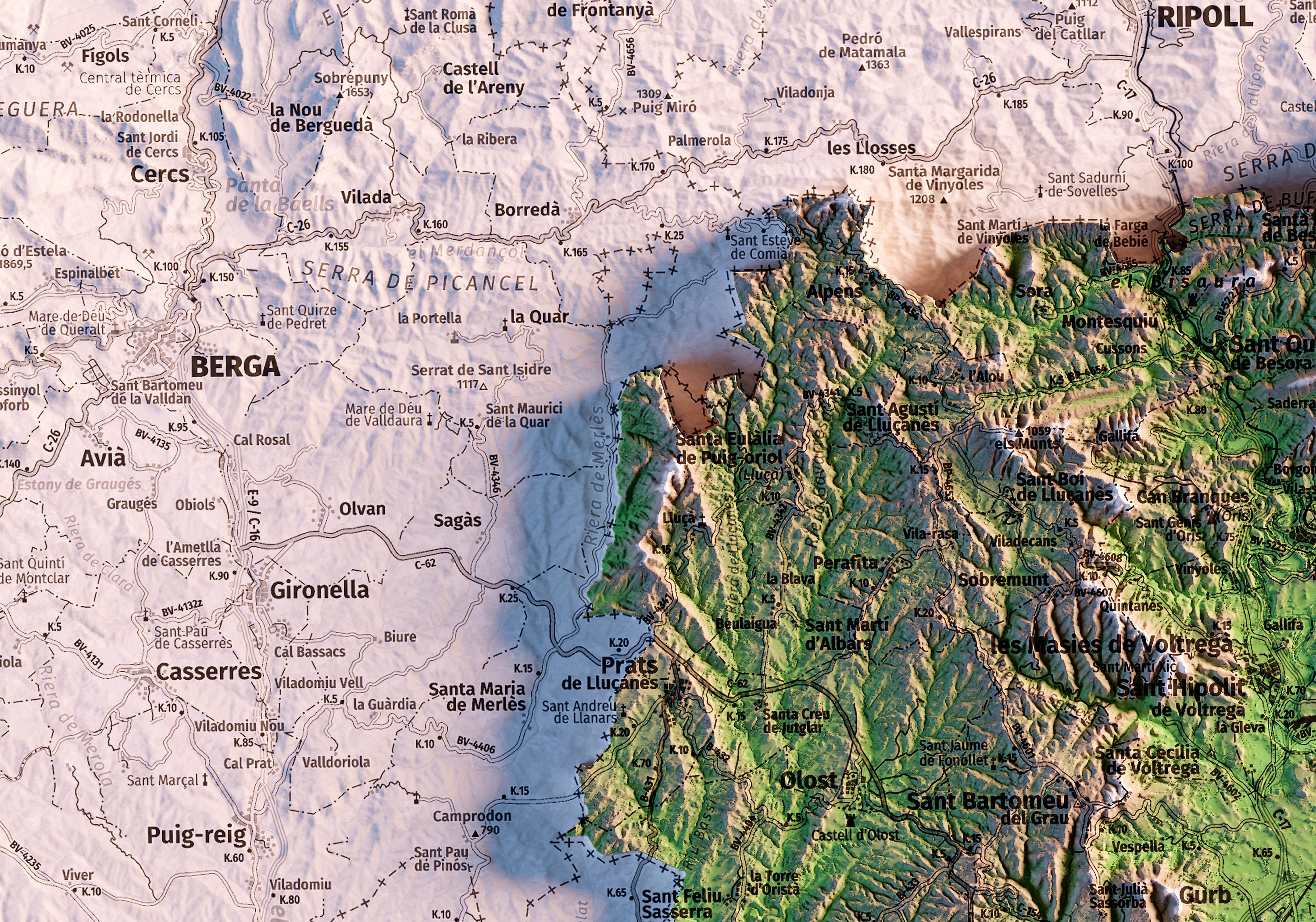 Colored topographic map of Osona. | Etsy