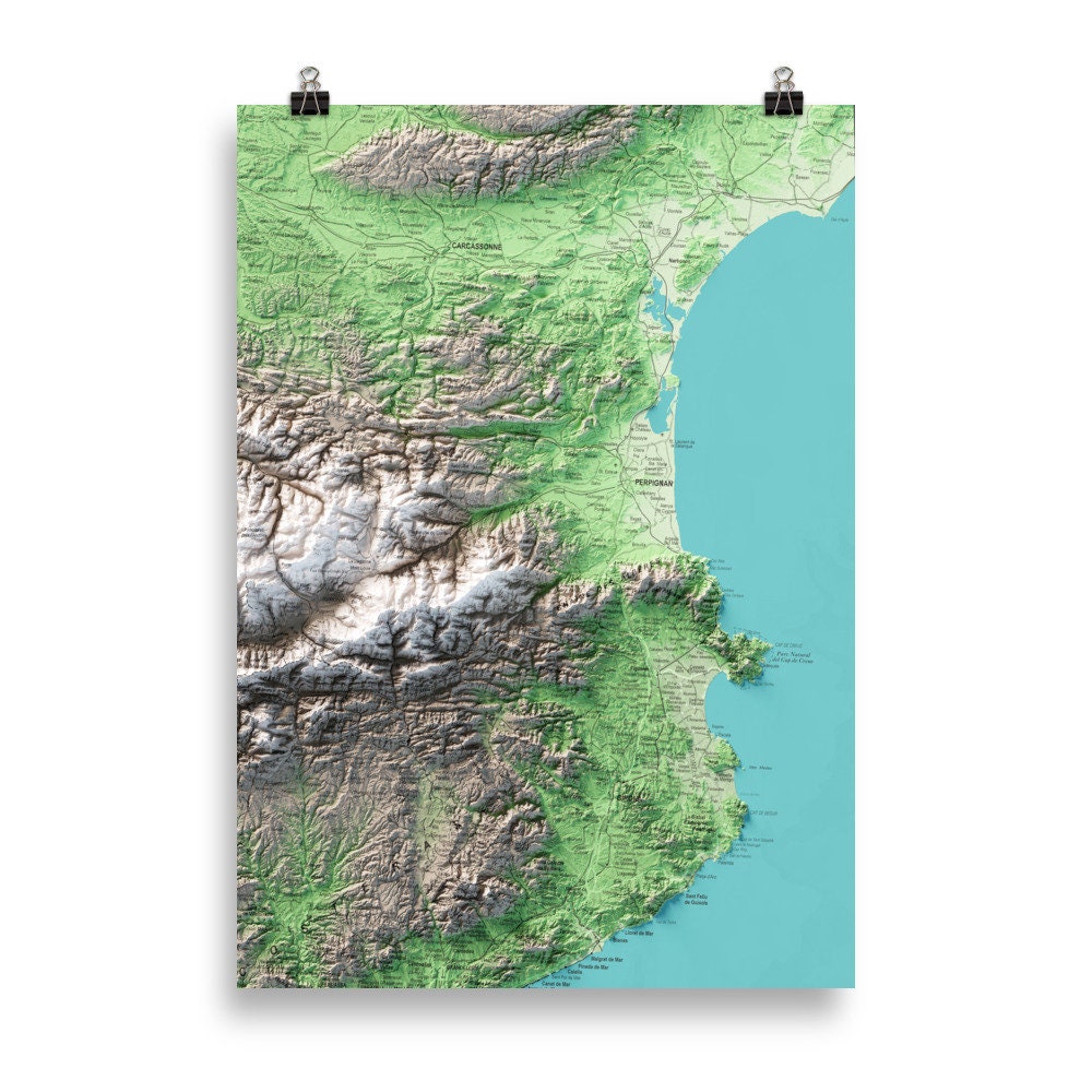 Colored Topographic Map of the Full Pyrenees 3 Parts Version. | Etsy