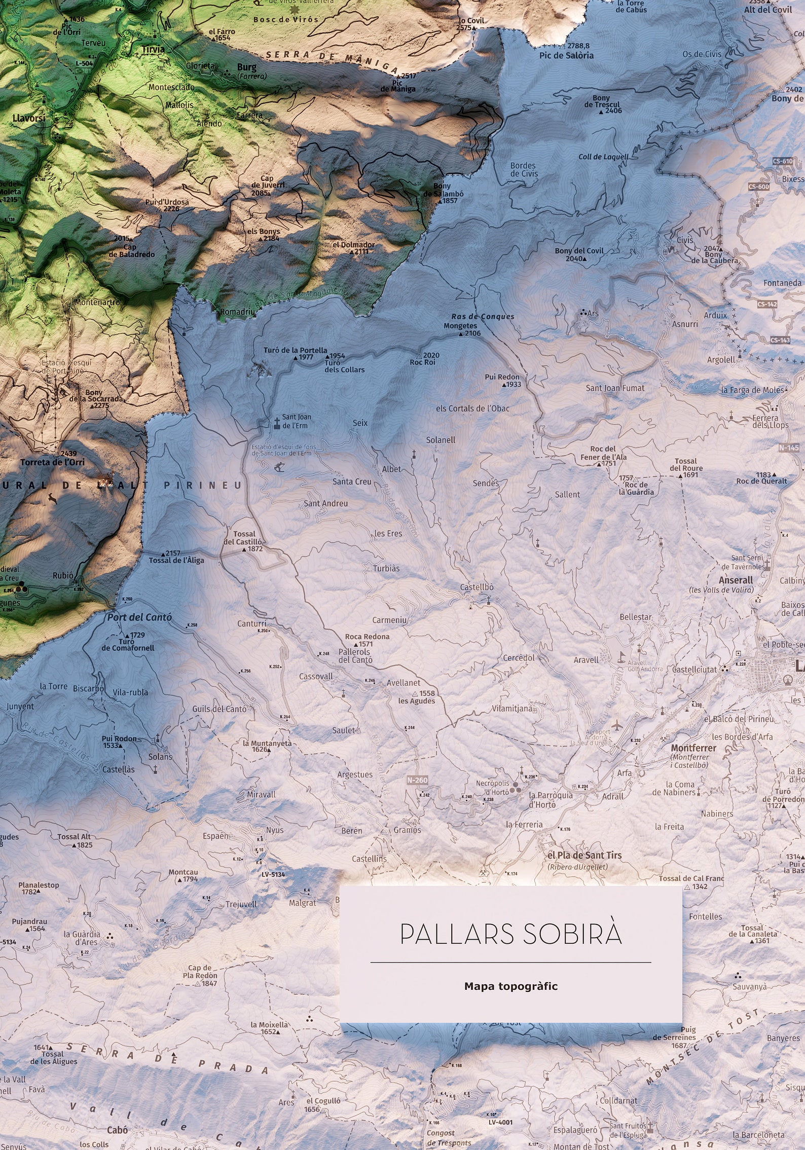 Colored Topographic Map of El Pallars Sobirà. - Etsy