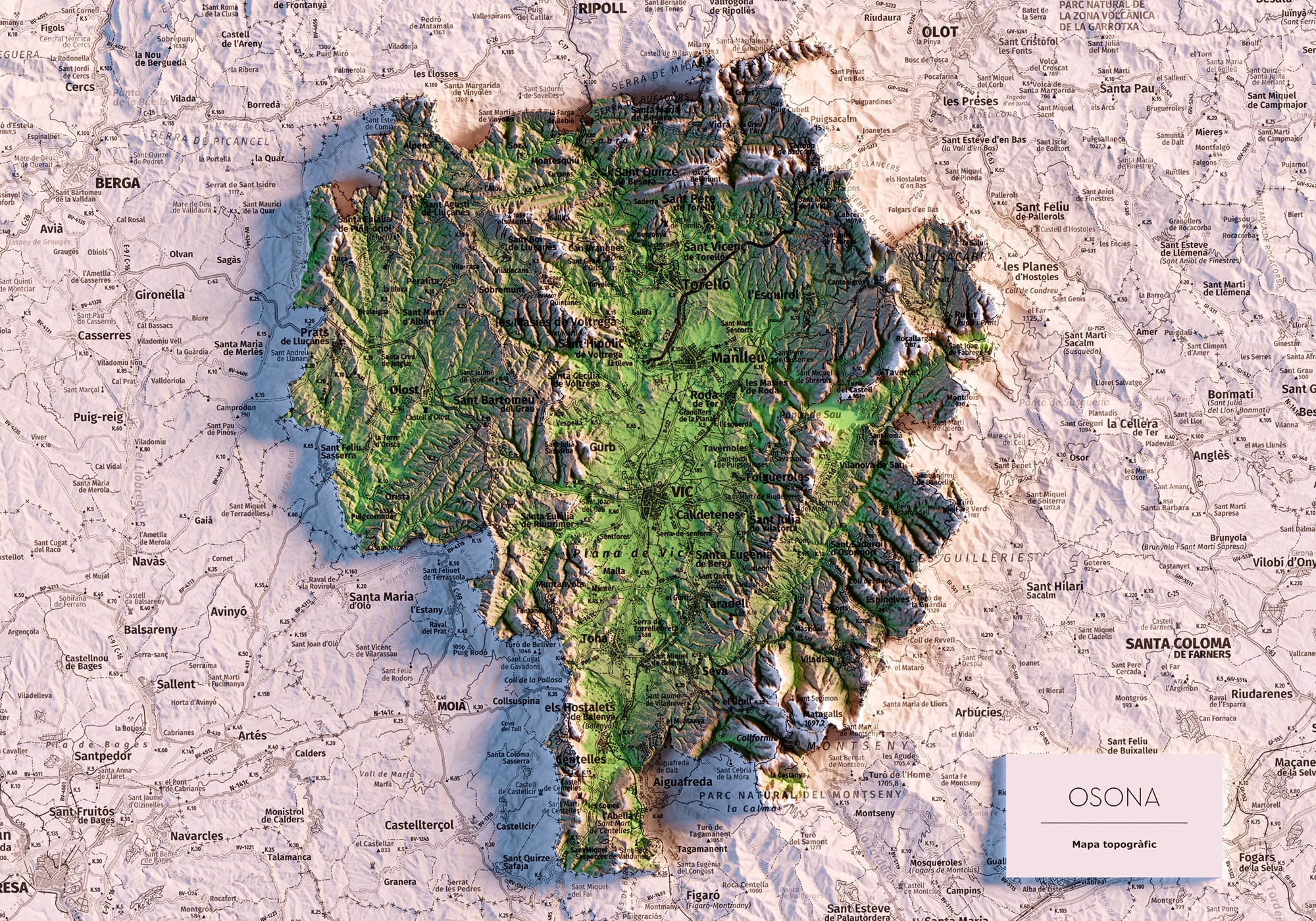 Colored topographic map of Osona. | Etsy