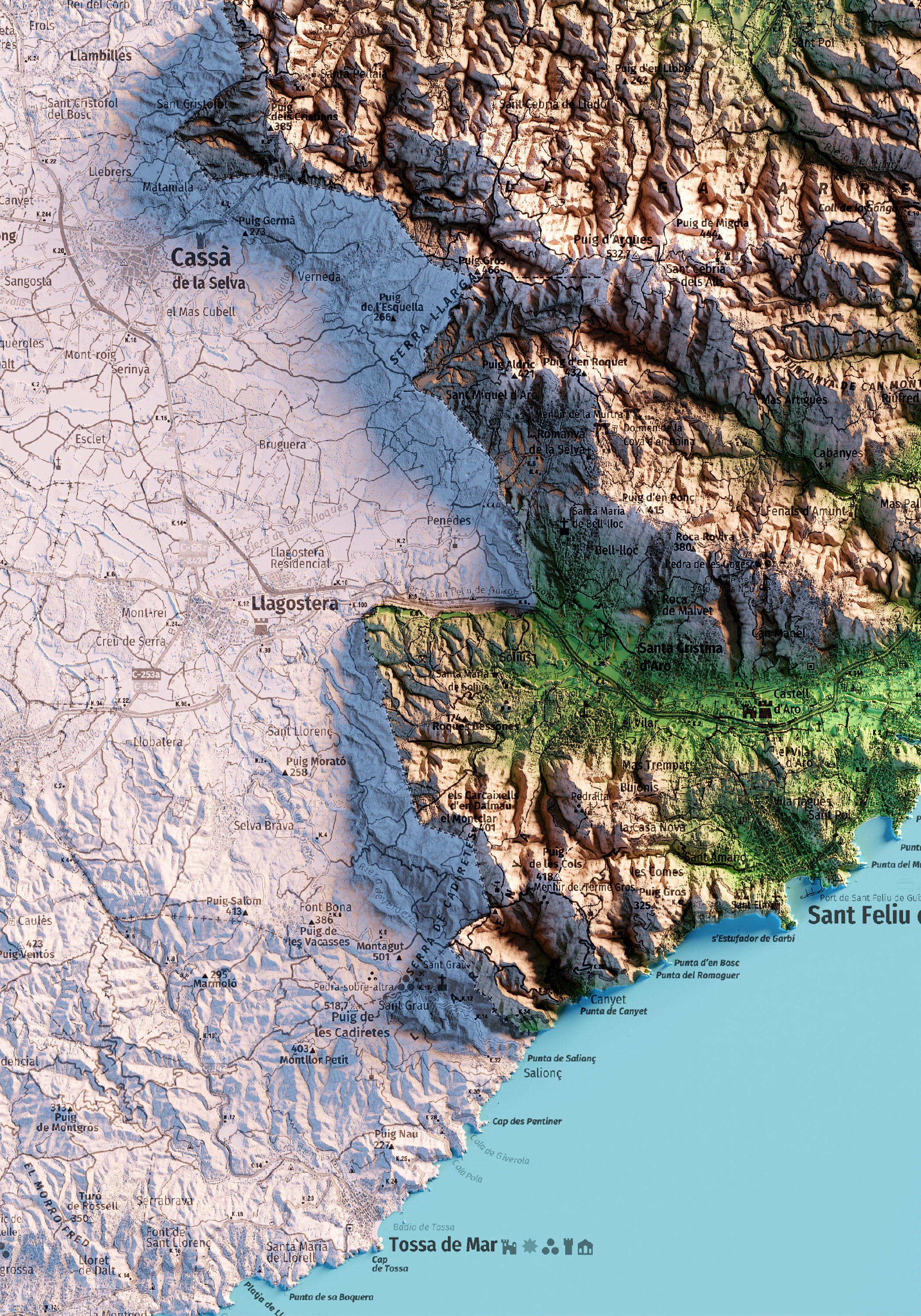 El Baix Empordà. Mapa topogràfic en color. Versió amb el mar - Etsy México