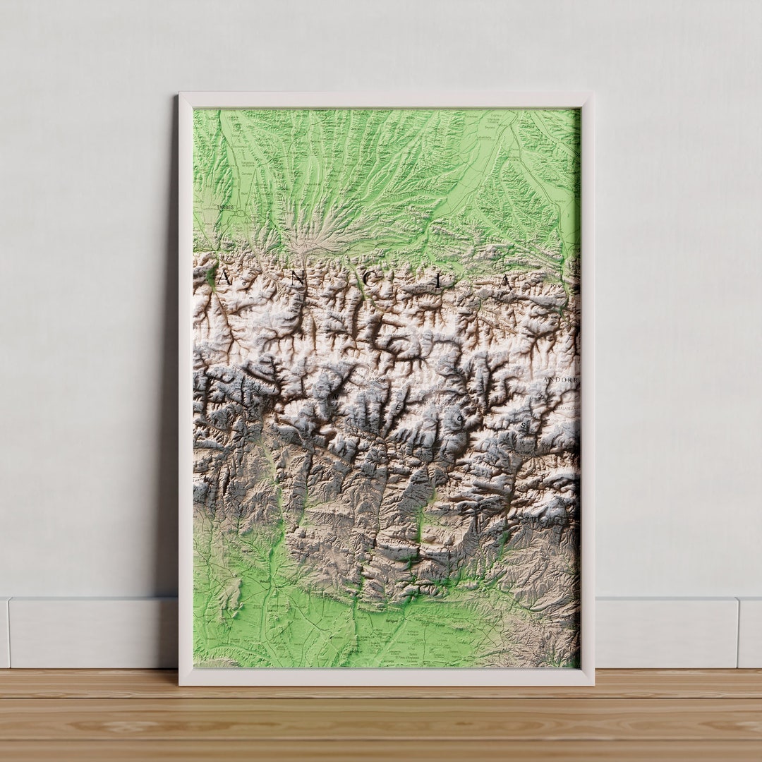 Colored Topographic Map of the Full Pyrenees, 3 Parts Version. CENTRAL ...