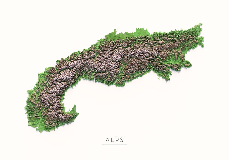 Colored Relief Map of the Alps. - Etsy