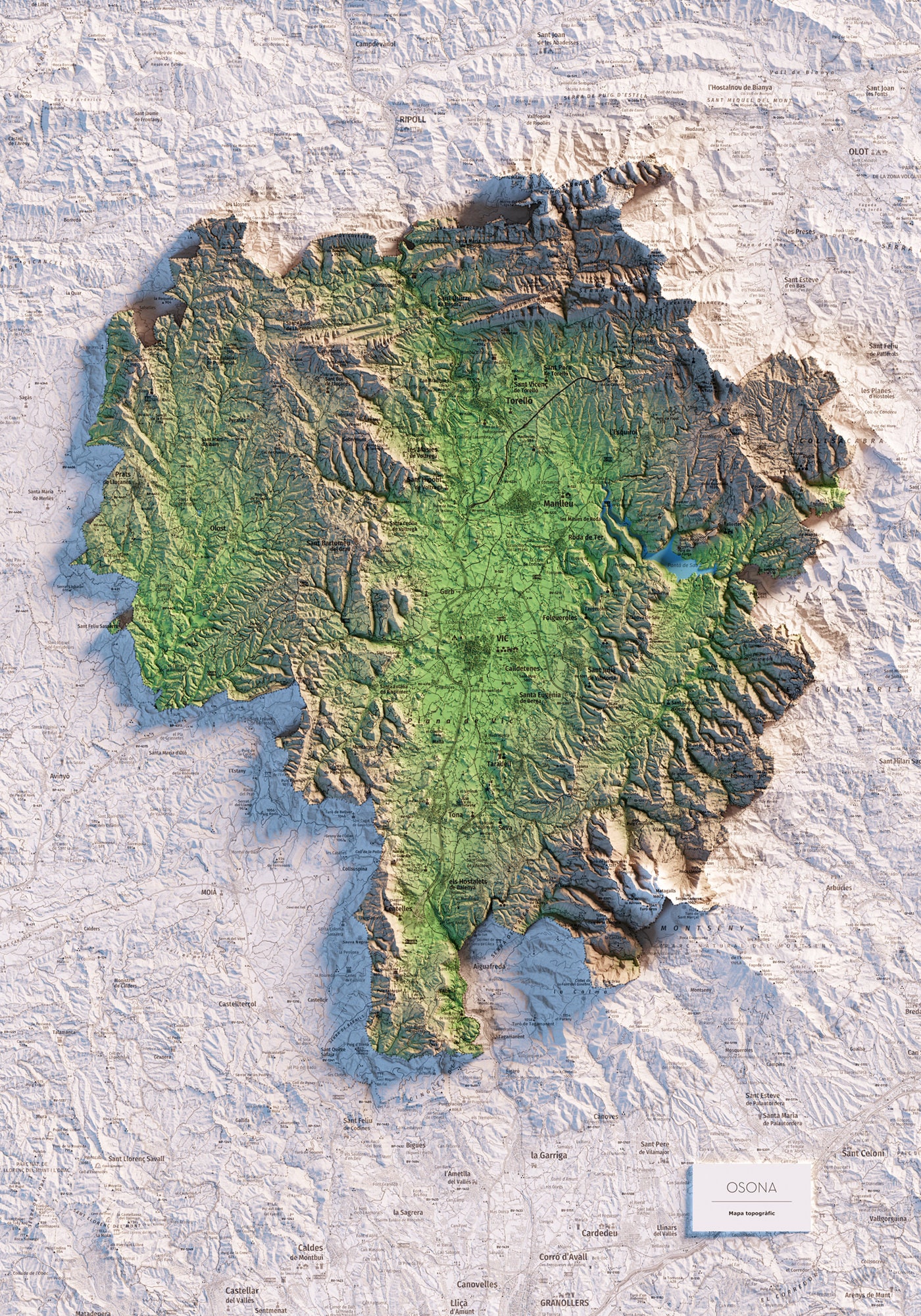 Colored Topographic Map of Osona. - Etsy UK