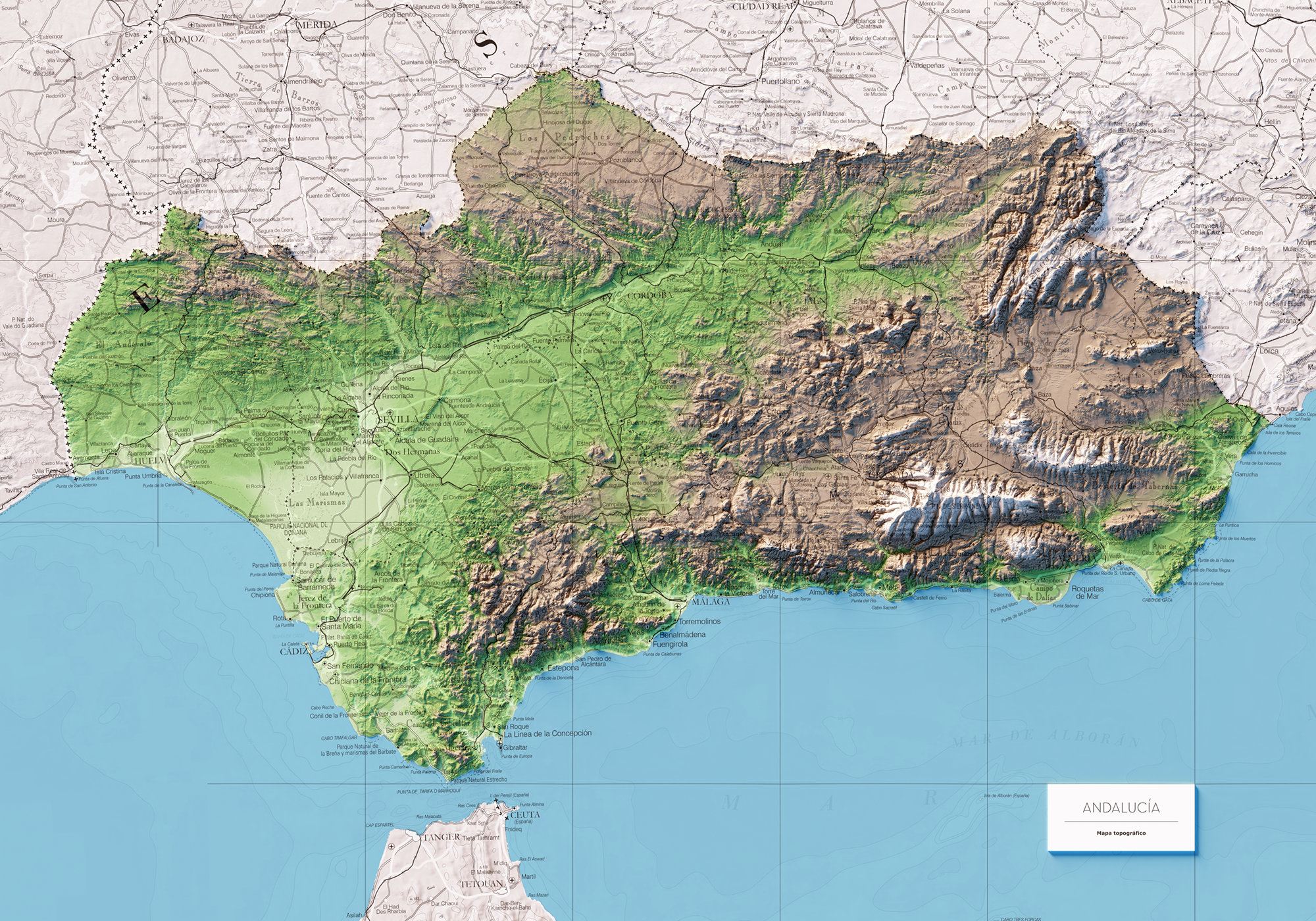 Colored Topographic Map of Andalucía. - Etsy