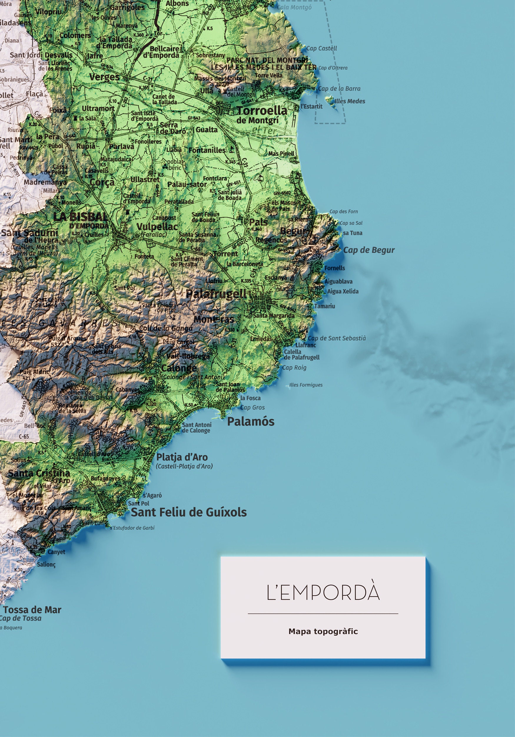 L'Empordà. Mapa topogràfic. Versió blava. - Etsy España