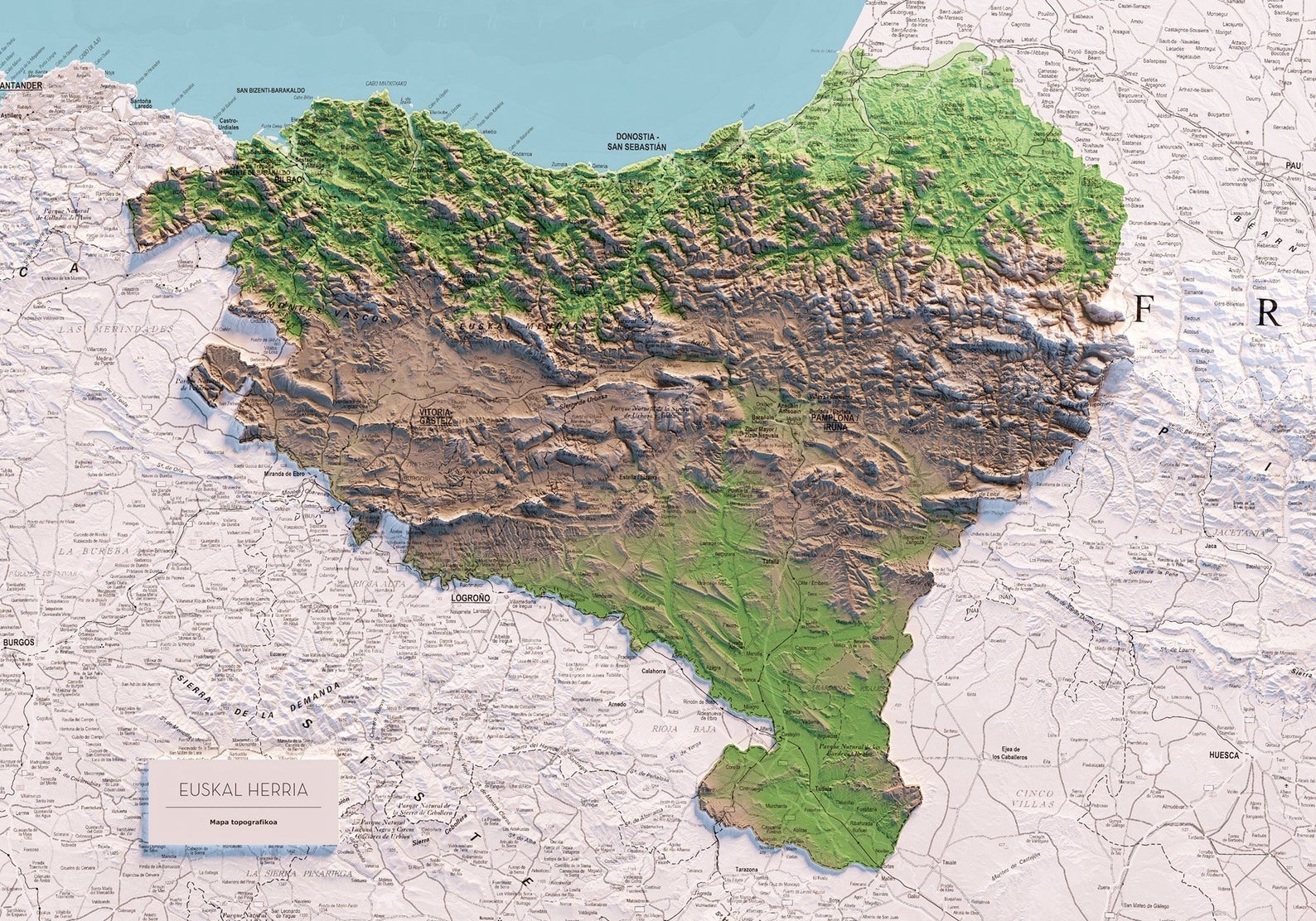 Colored Topographic Map of the Seven Provinces of Euskal - Etsy