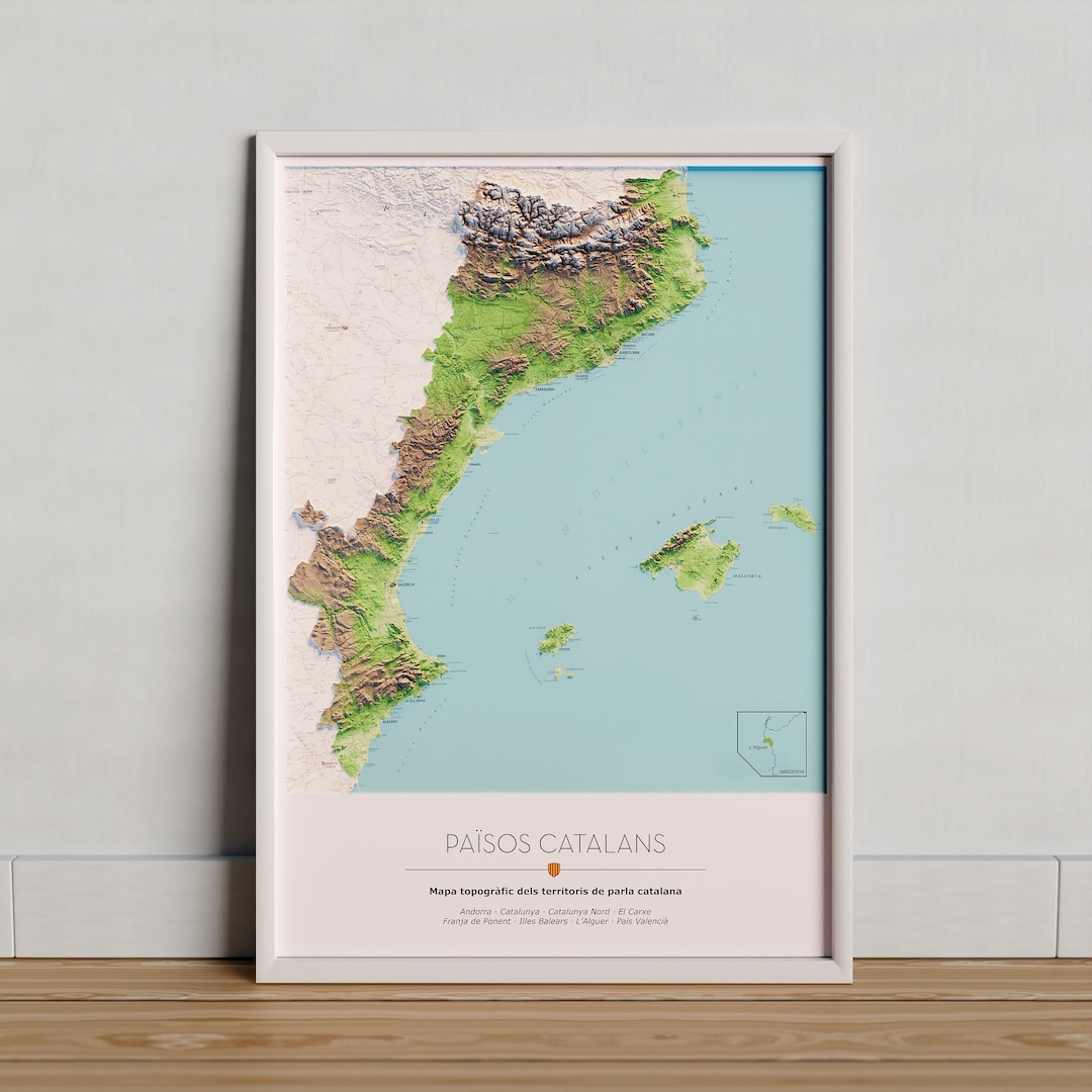 Els Països Catalans Mapa Topogràfic En Color Versió Amb El Mar Blau