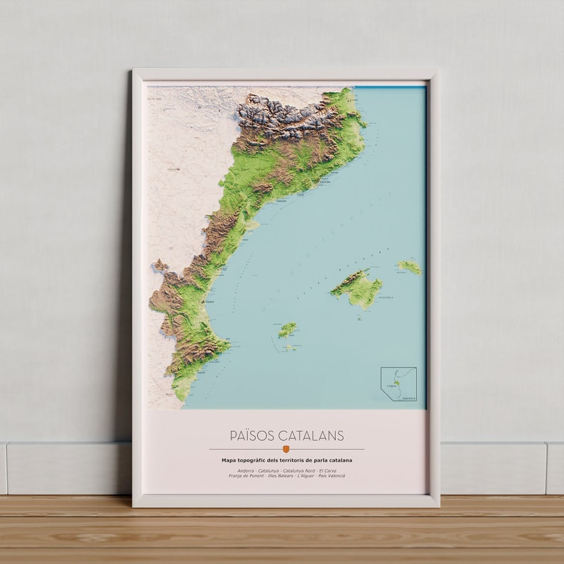 Els Països Catalans Mapa Topogràfic En Color Versió Amb El Mar Blau