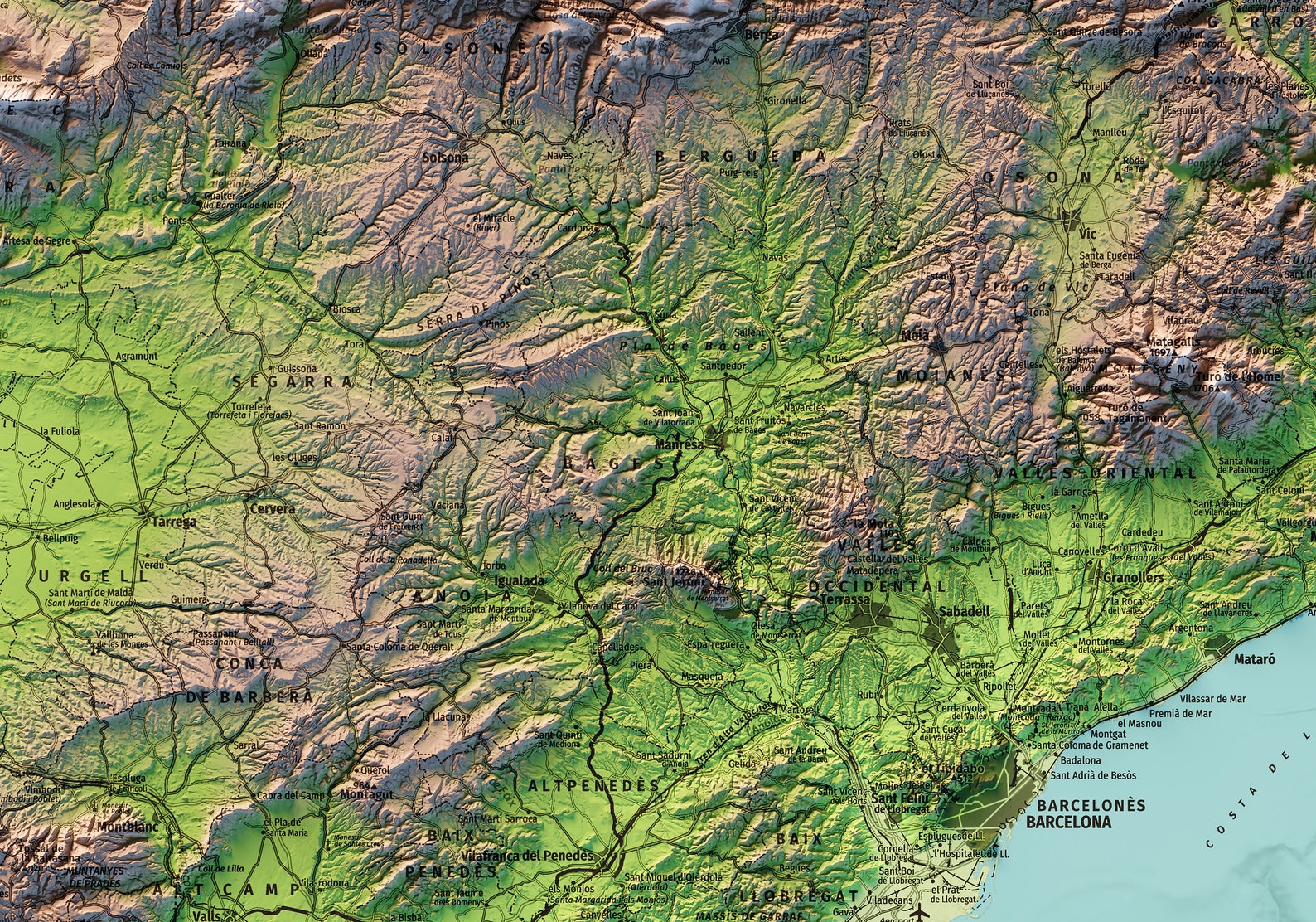 Catalunya. Mapa topogràfic en color. Versió sense llegenda amb el mar ...