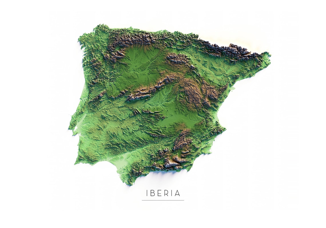 Iberia. Colored Relief Map. - Etsy