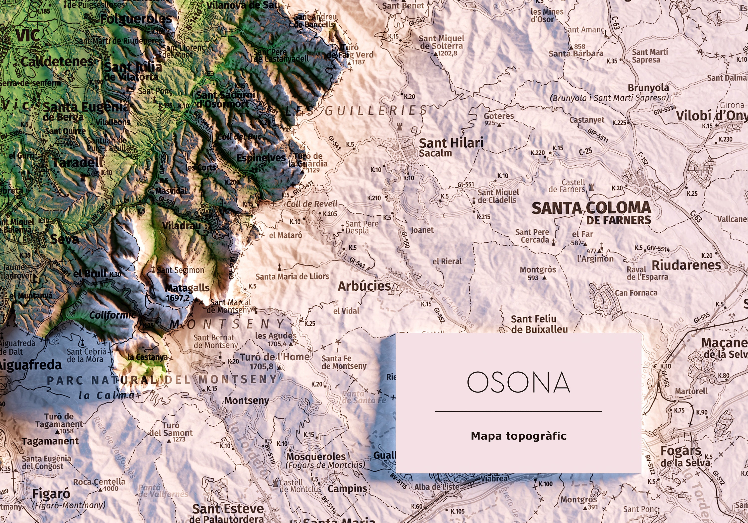 Colored topographic map of Osona. | Etsy