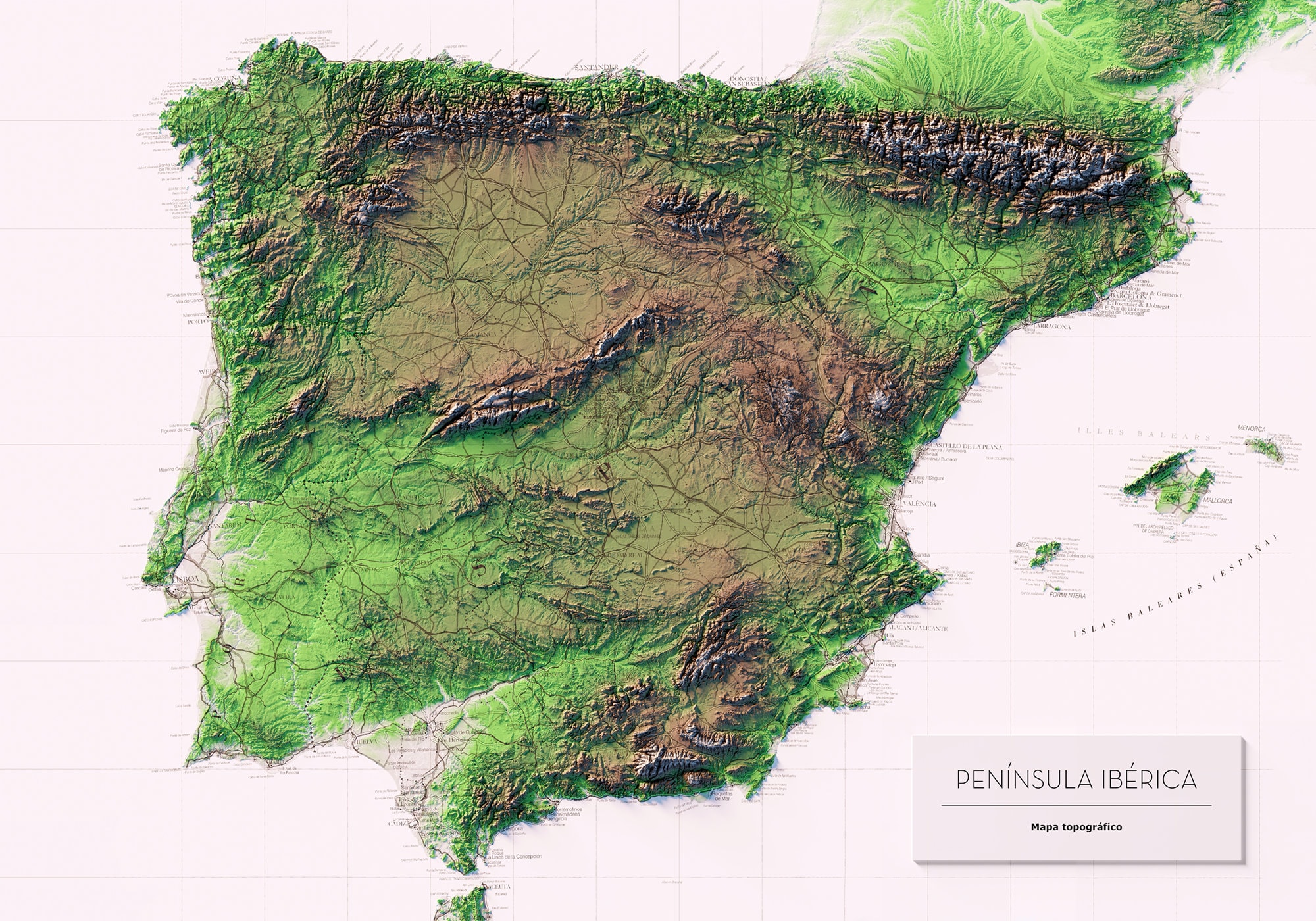 Colored topographic map of the iberian peninsula. | Etsy