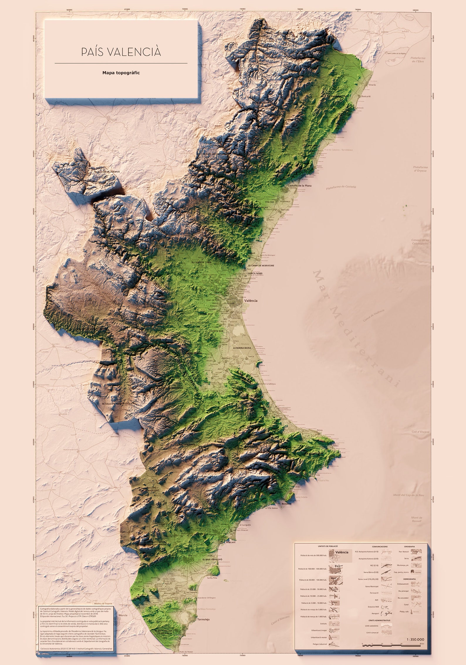 País Valencià. Mapa topogràfic en color. Versió de l'ICV. - Etsy España