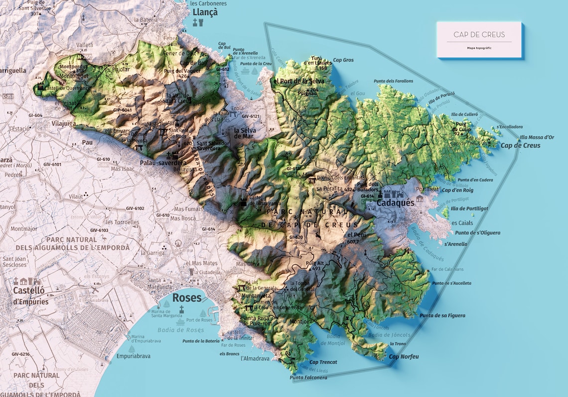 Parc natural del Cap de Creus. Mapa topogràfic en color. - Etsy México