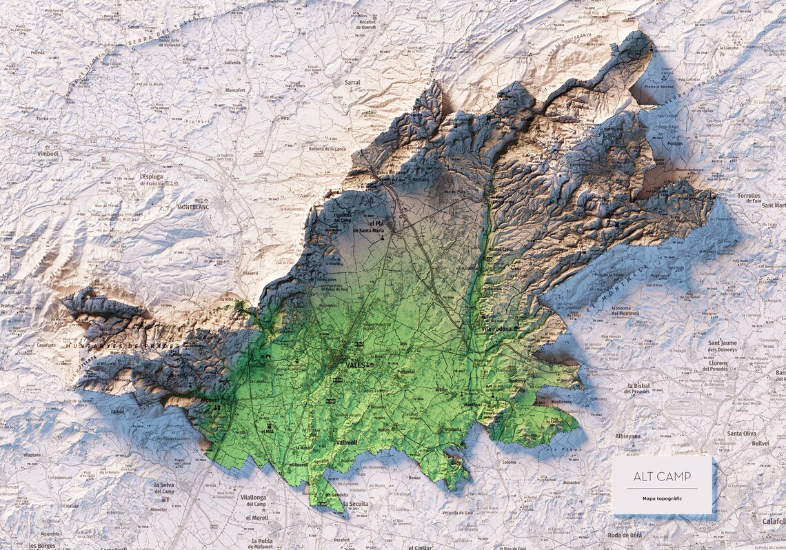 Colored Topographic Map of the Alt Camp. - Etsy