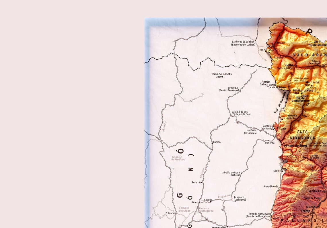 Catalunya Mapa Topogràfic En Color Versió Artística Amb Groc Etsy