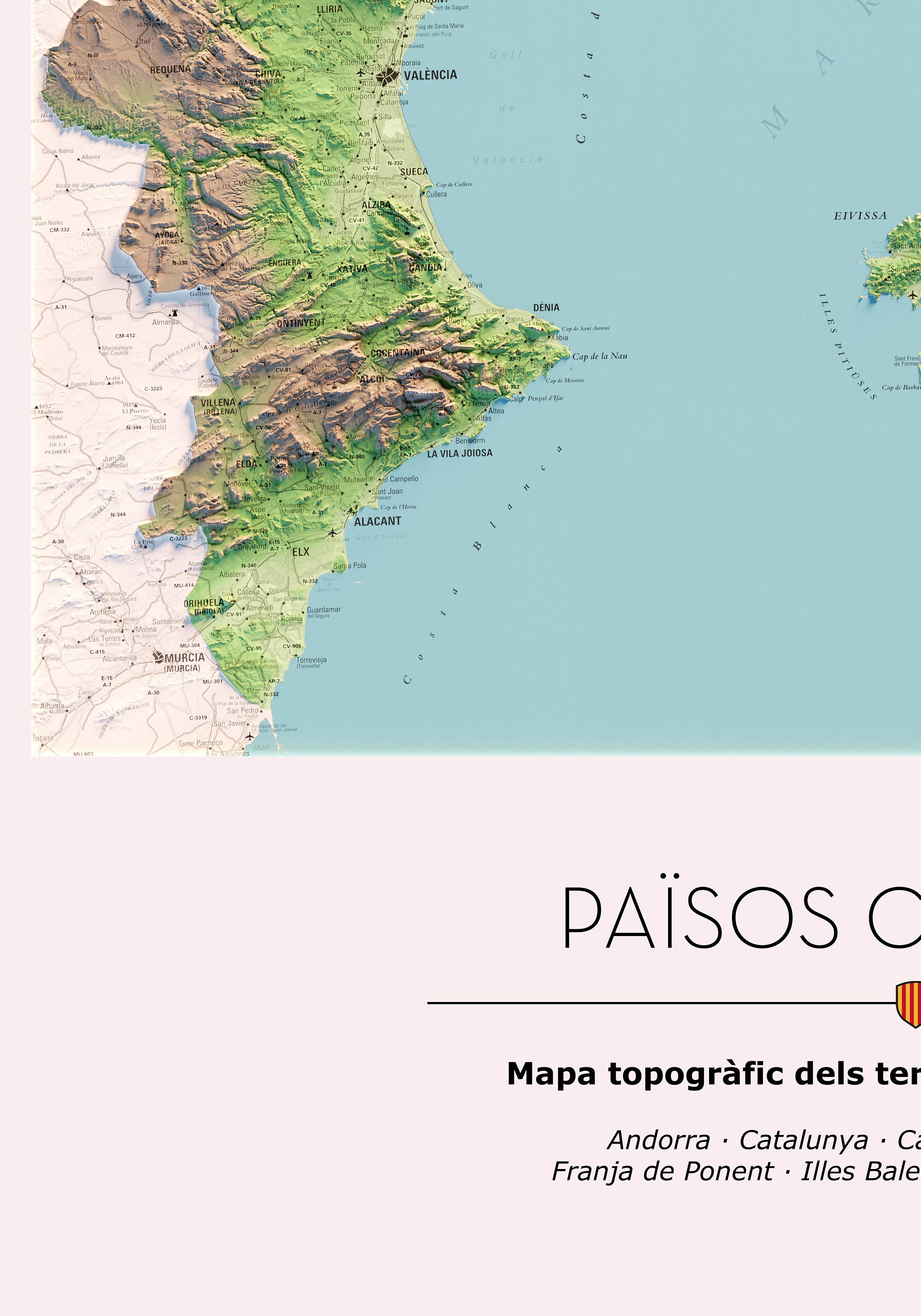 Els Països Catalans Mapa Topogràfic En Color Versió Amb El Mar Blau