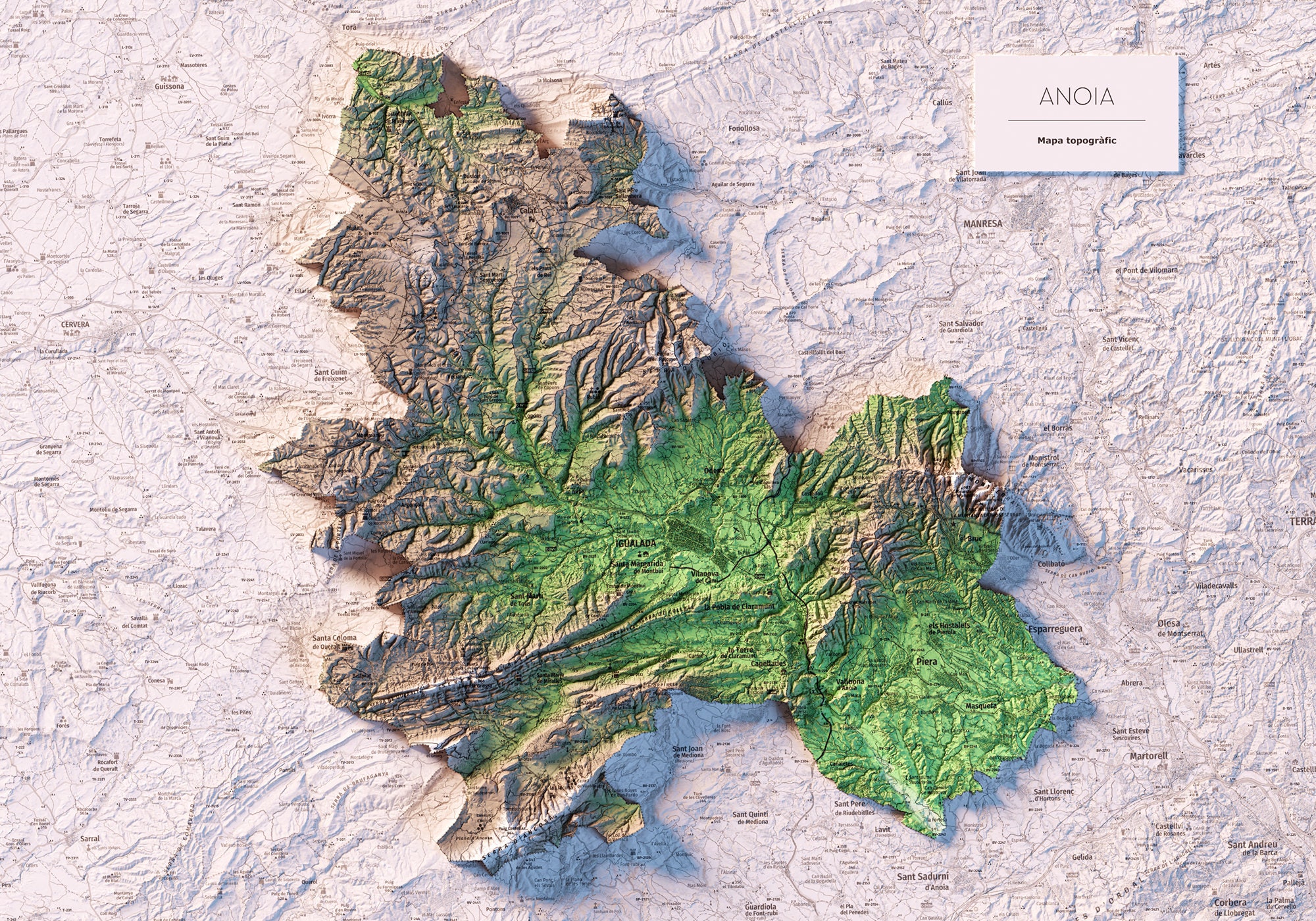 Colored Topographic Map of L'anoia. - Etsy