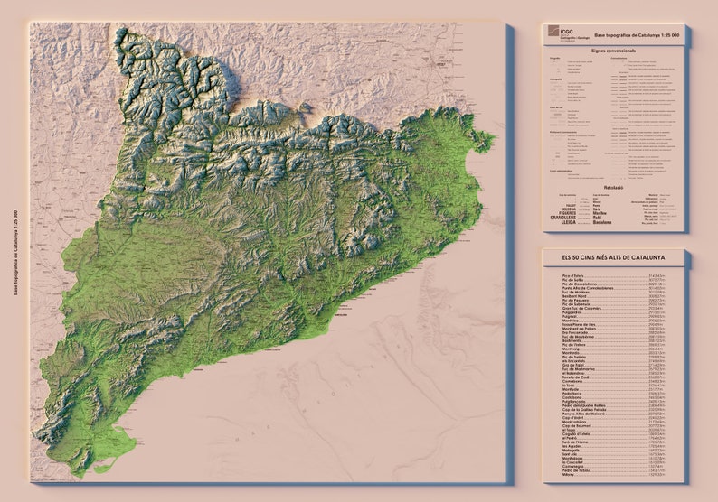 Catalunya Mapa Topogràfic En Color Amb Llistat Dels Cims Més Alts