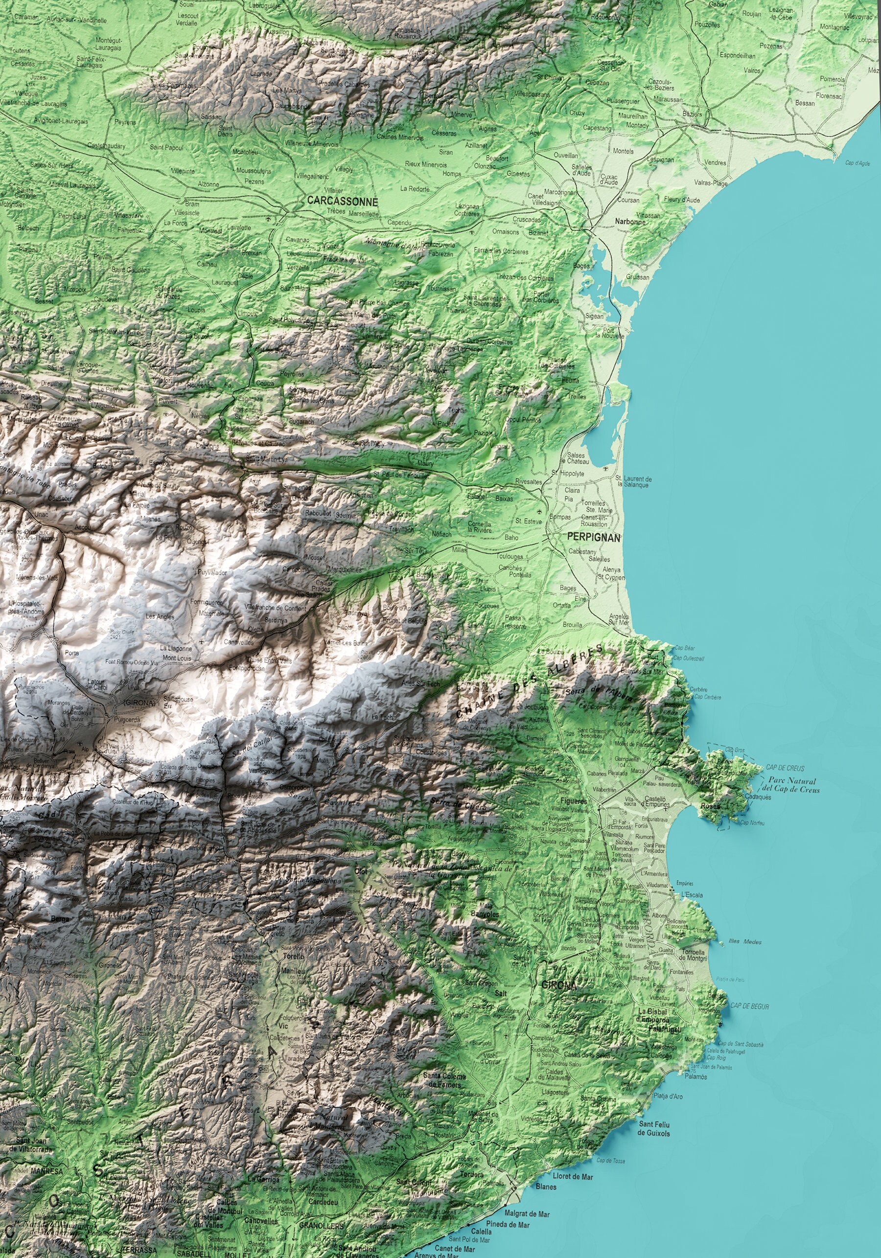 Colored Topographic Map of the Full Pyrenees, 3 Parts Version. RIGHT ...