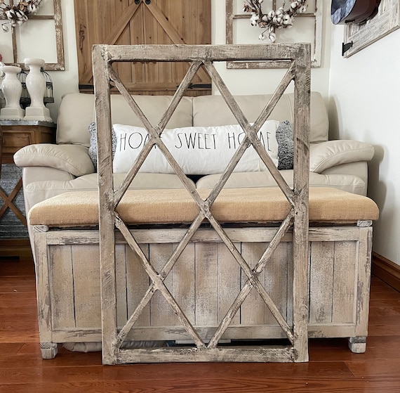 Large Rustic Farmhouse Distressed Wooden Diamond Windowpane Wall Decor
