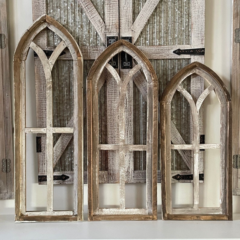Rustic Farmhouse Distressed Cathedral Arch Wood Window Wall - Etsy