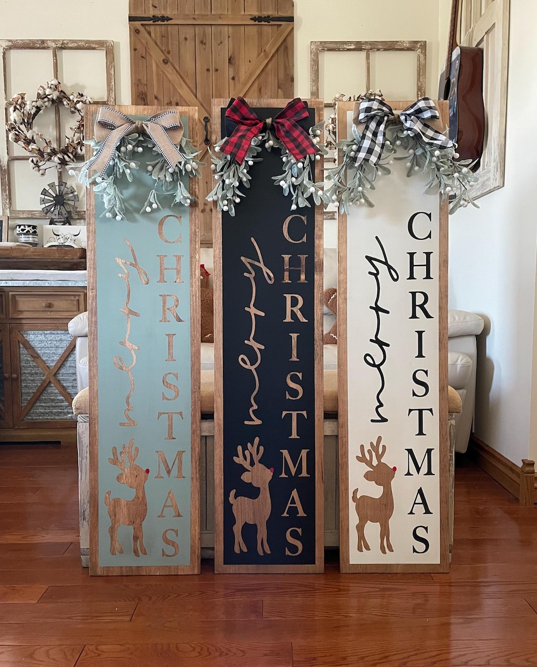 Large Merry Christmas Reindeer Wood Painted Porch Leaner Sign - Etsy