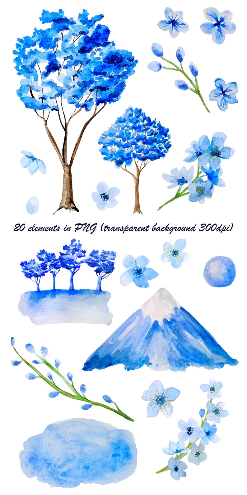 Watercolor Blue Sakura Flowers and Trees Digital Clipart, Cloud, Spring ...
