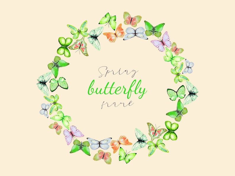 Butterflies Green Frame Clipart Wreath of Spring Circle, Watercolor ...
