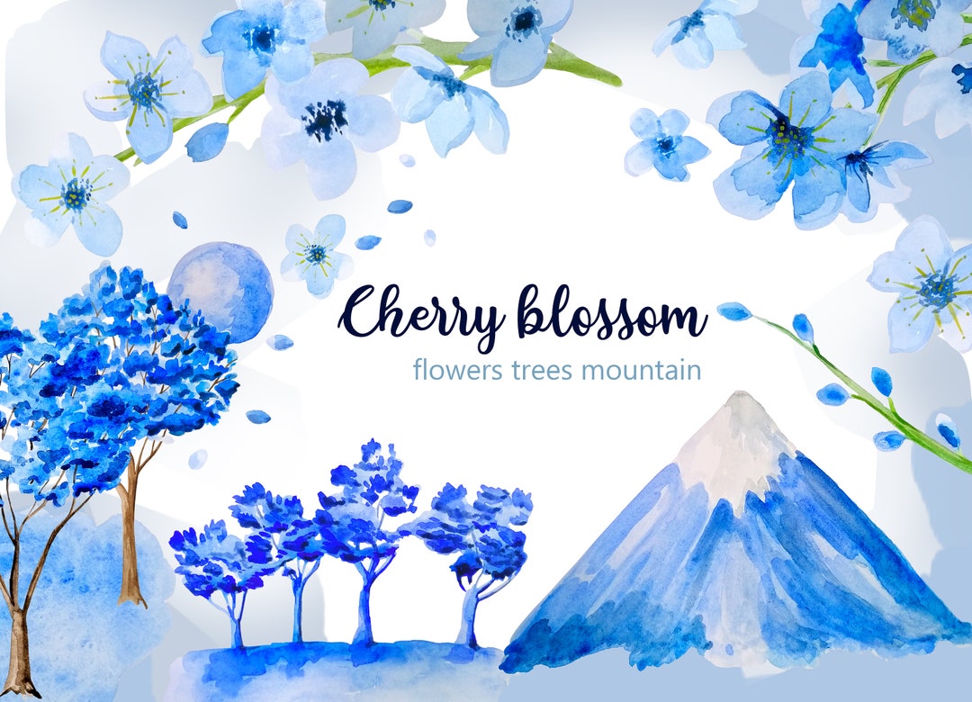 Watercolor Blue Sakura Flowers and Trees Digital Clipart, Cloud, Spring ...