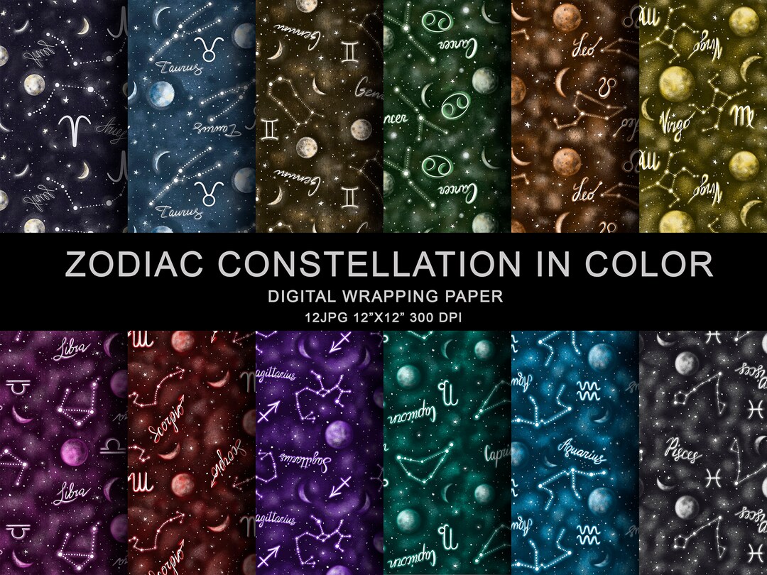 Zodiac Constellation Digital Paper Bag, Wrapping Paper Gifts. Zodiac ...