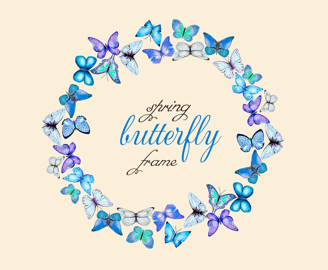 Butterflies Soft Blue Frame Clipart Wreath of Spring Circle, Watercolor ...