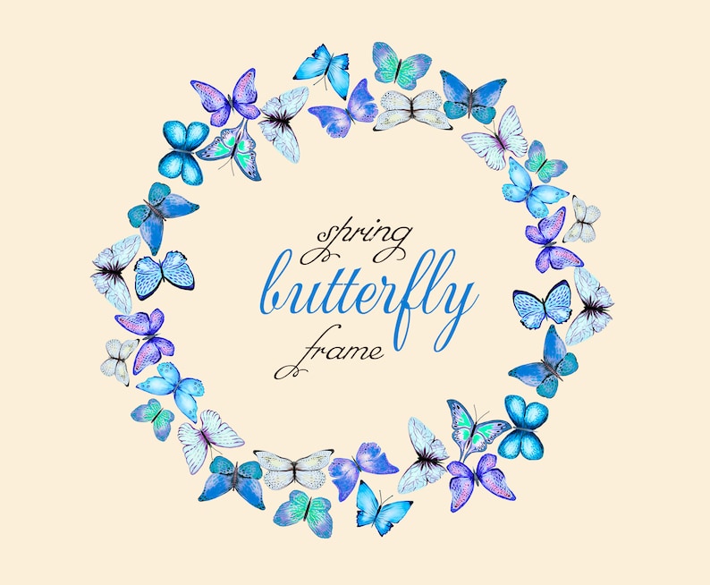 Butterflies Soft Blue Frame Clipart Wreath of Spring Circle, Watercolor ...