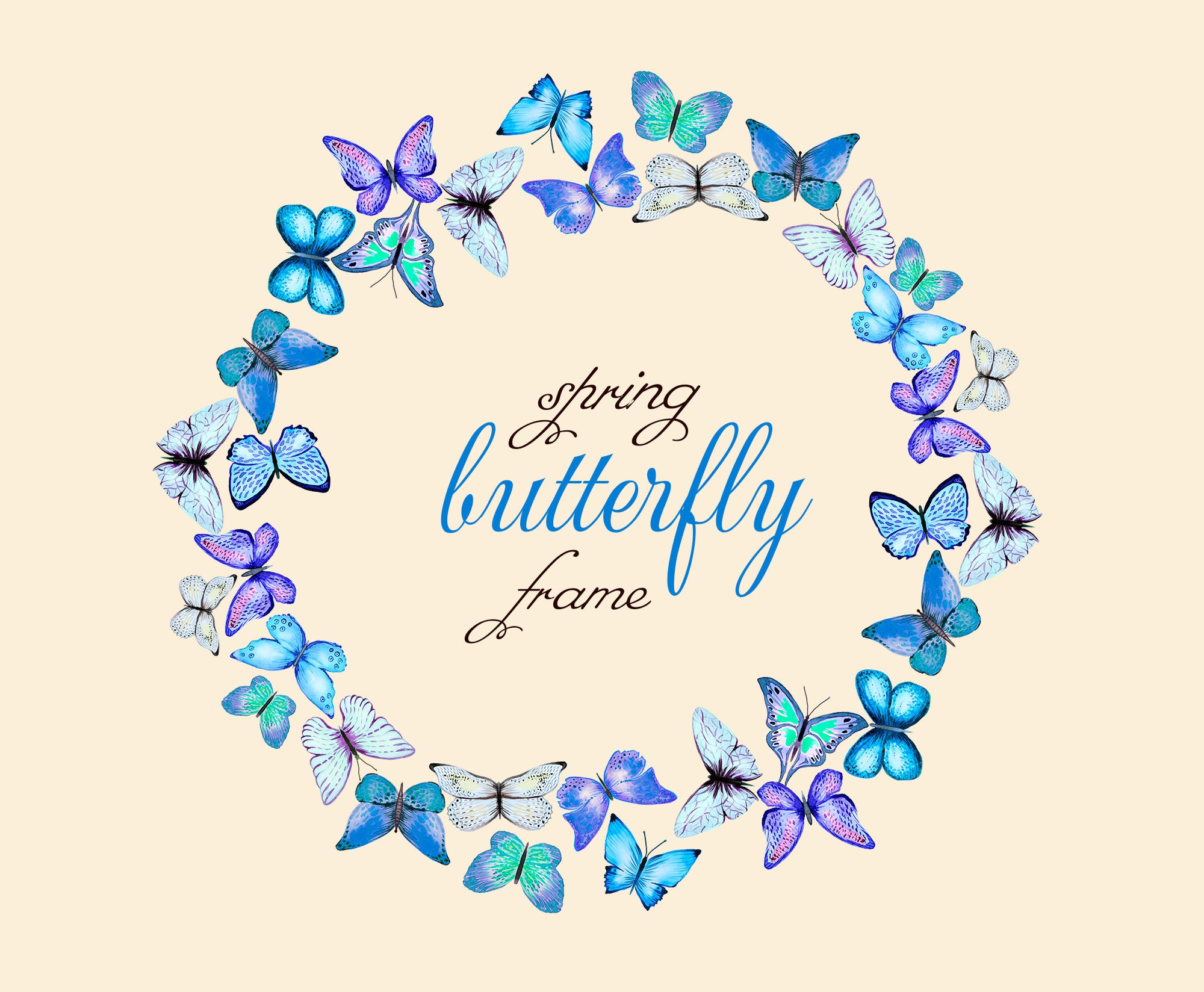 Butterflies Soft Blue Frame Clipart Wreath of Spring Circle, Watercolor ...