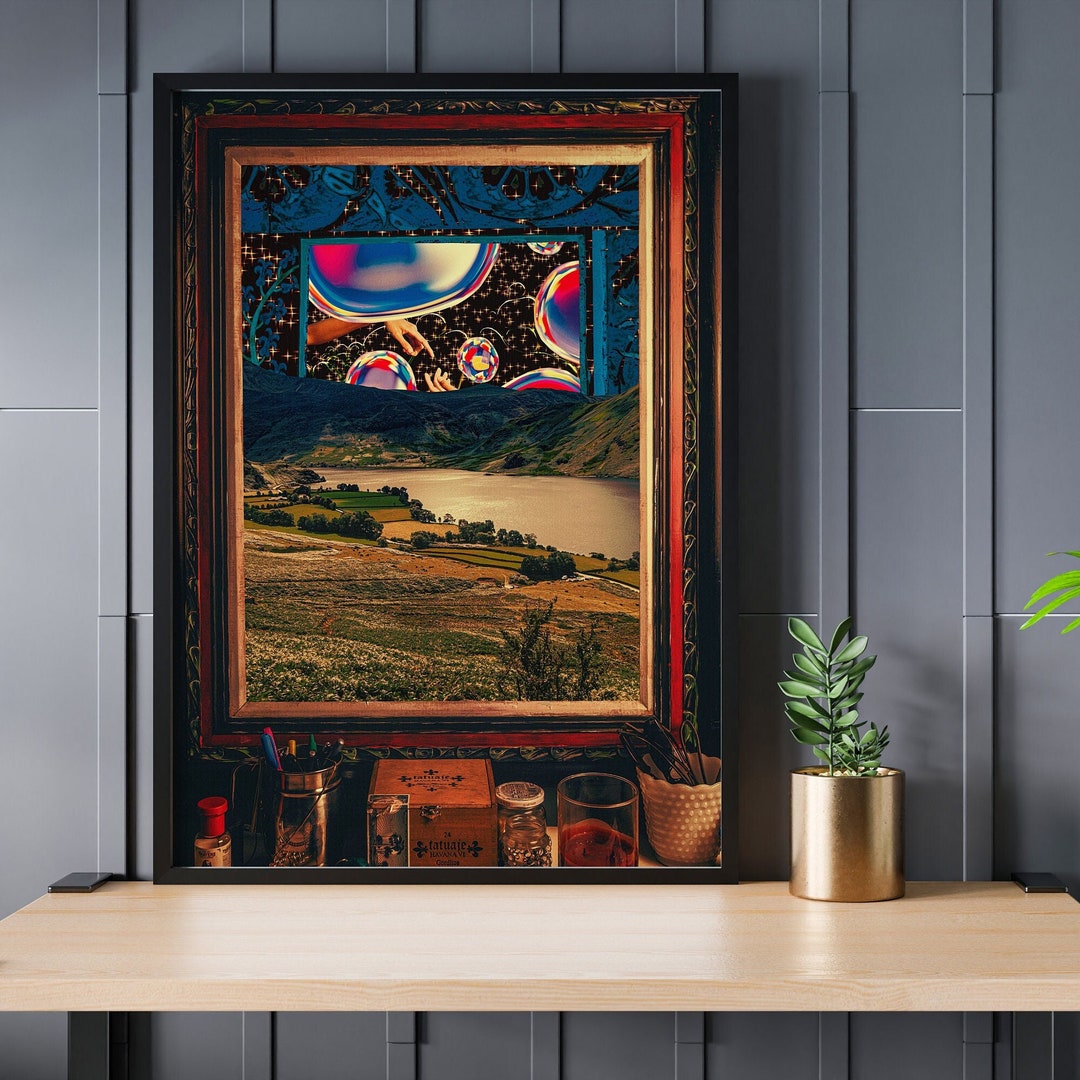 Trippy Window Abstract Landscape Art Print, Surreal Mountain Lake ...