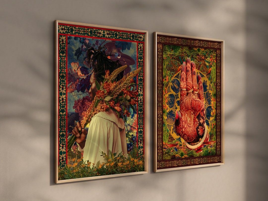 Floral Portrait Hand Palm Art Print Set of 2, Eclectic Border Art ...