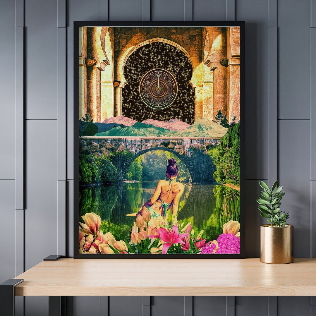 Retro Lady Collage Art Print, Eclectic Surrealism Psychedelic Lake ...