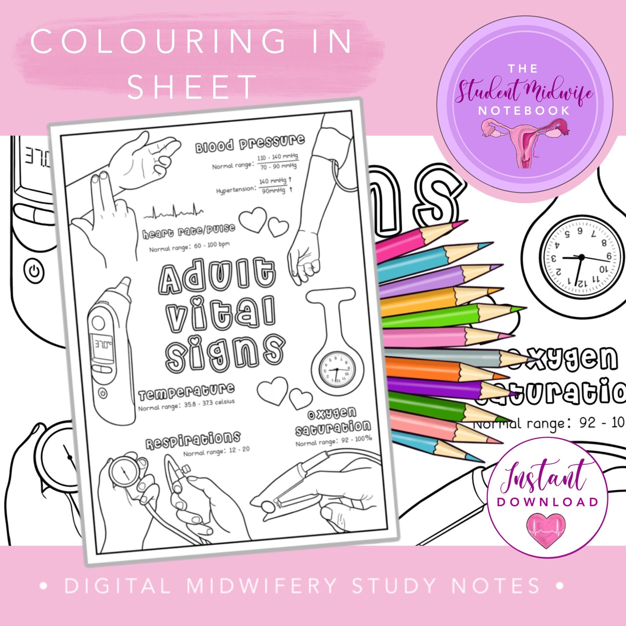 Vital Signs Colouring in Sheet - Adult Clinical Observations - Revision ...