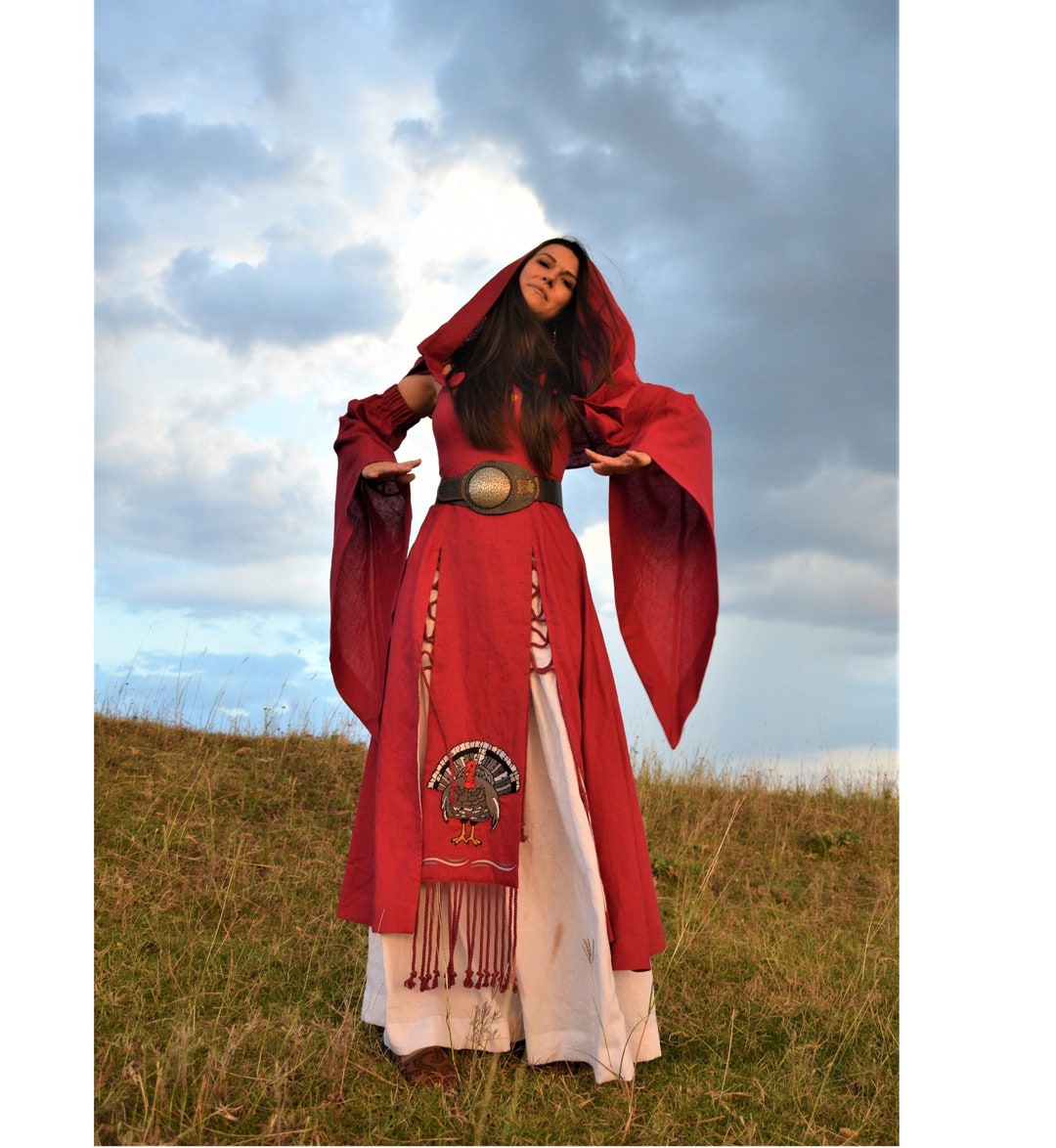 ERENAY Red Viking Dress With Cape, 100% Linen, Viking Cloak Dress ...