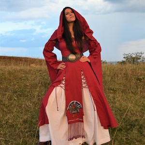 ERENAY Red Viking Dress With Cape, 100% Linen, Viking Cloak Dress ...