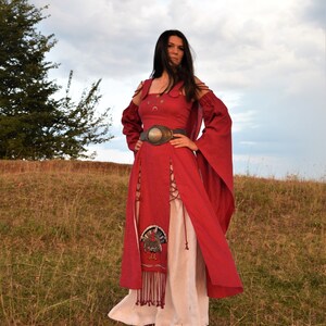 ERENAY Red Viking Dress With Cape, 100% Linen, Viking Cloak Dress ...