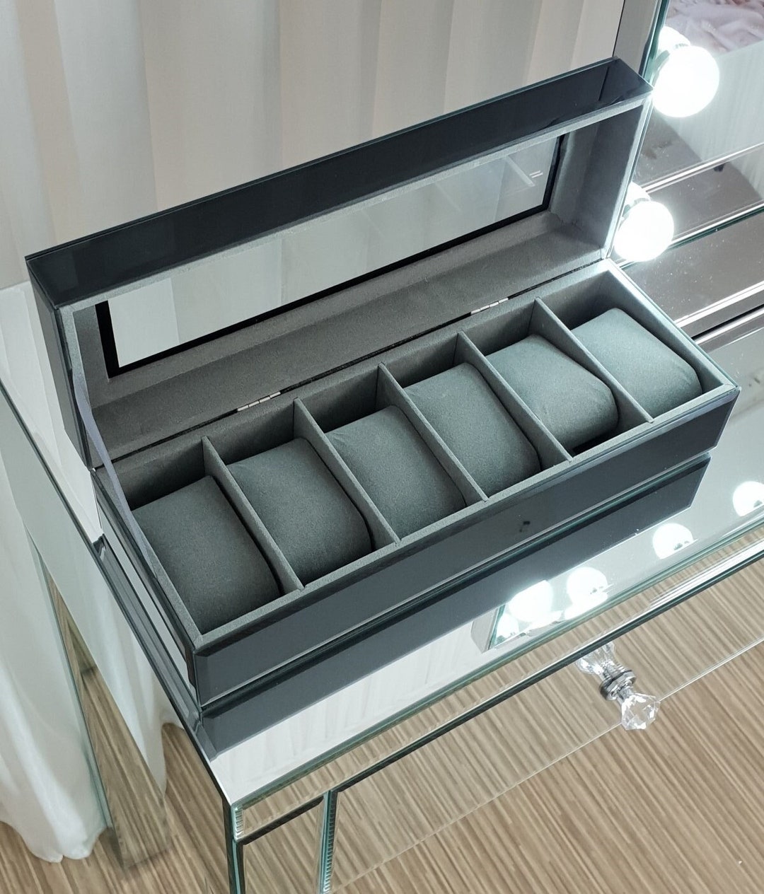 Watch Box Black Glass Mirror 6 Grid MIRRORED Watch BOX Storage Display ...