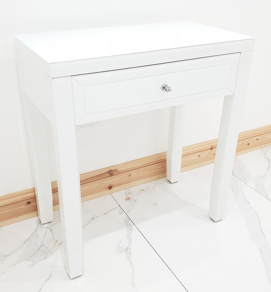 Dressing Table WHITE GLASS Entrance Hall Mirrored Vanity Space Saving ...