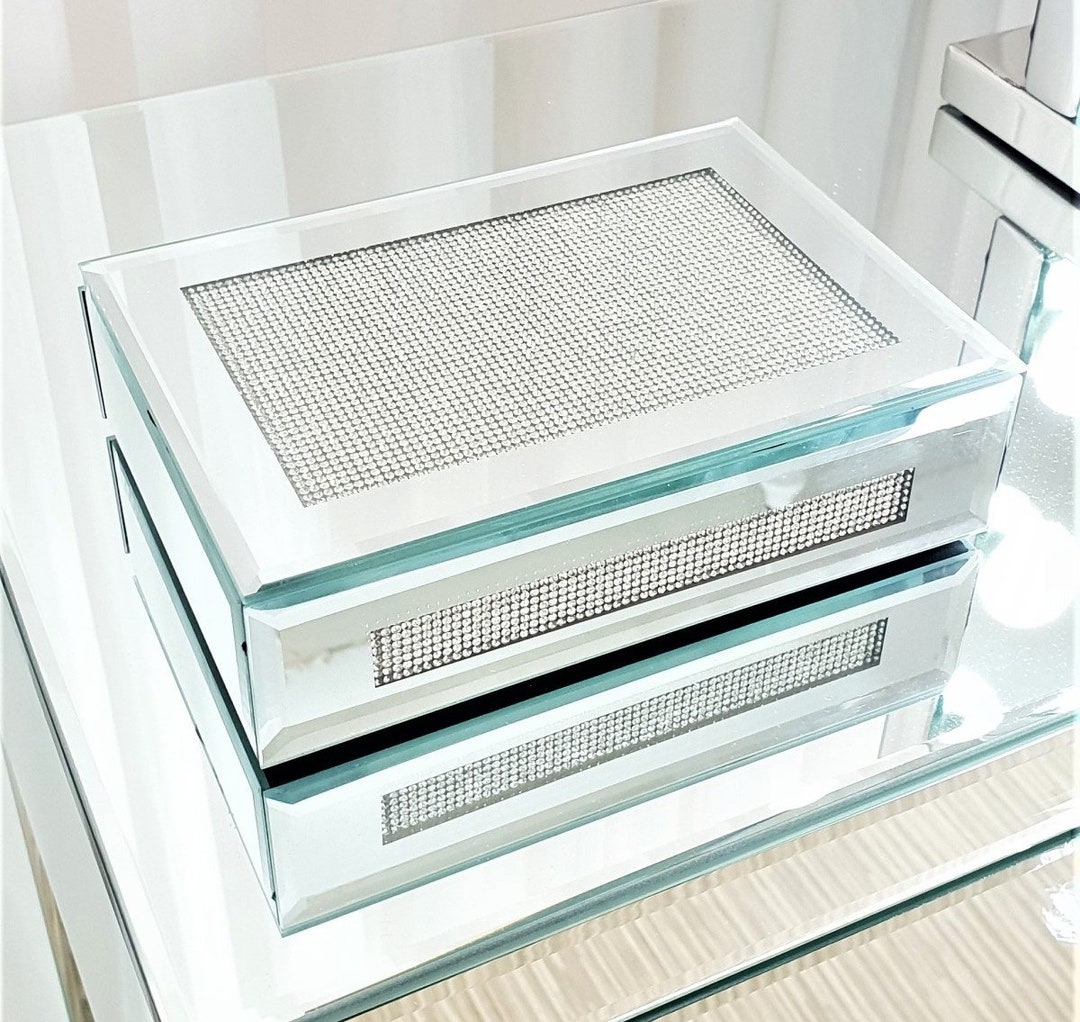Jewellery Box Small Diamante Silver Mirrored Glass Jewellery Box Gift ...