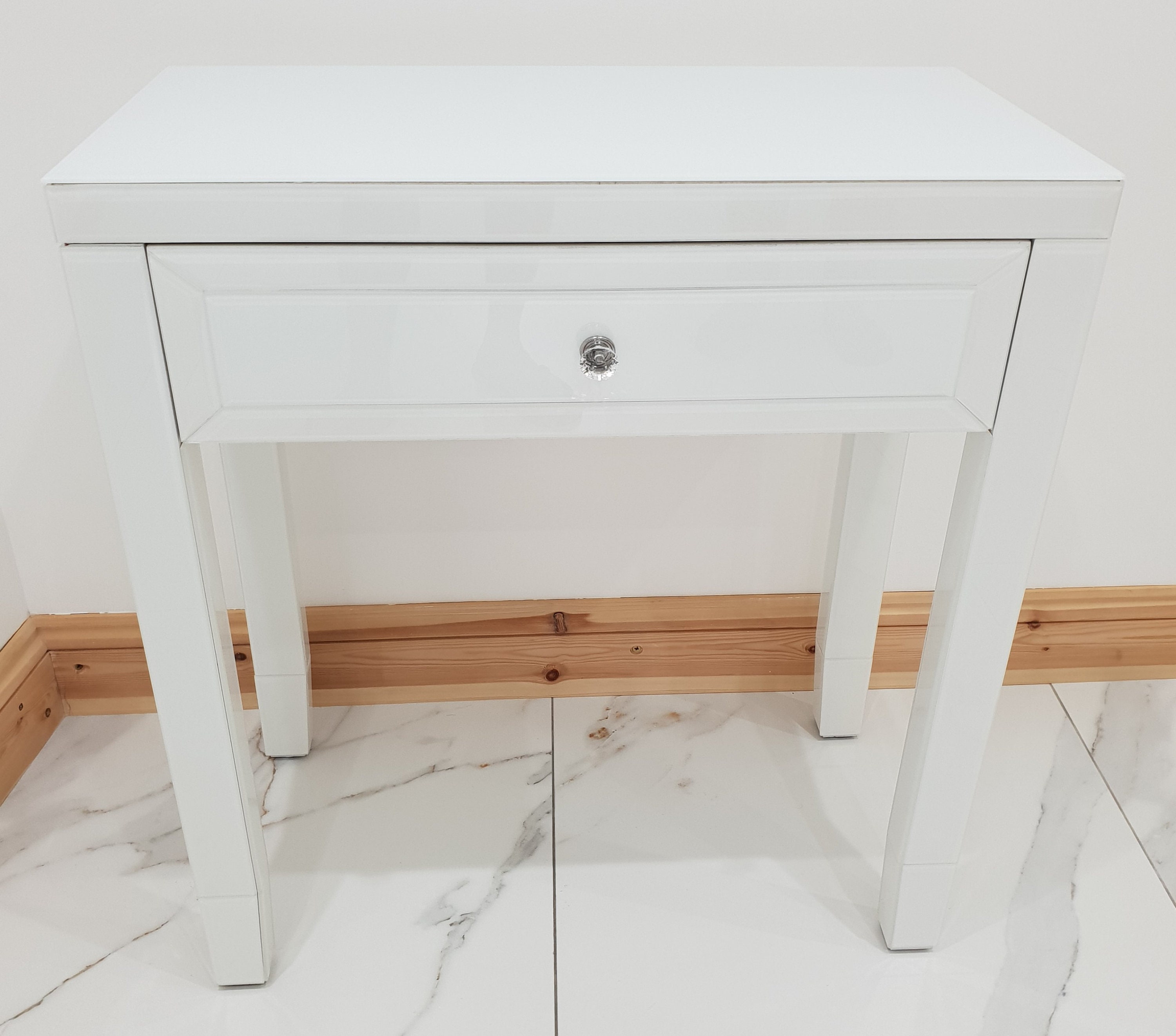 Dressing Table WHITE GLASS Entrance Hall Mirrored Vanity Space Saving ...
