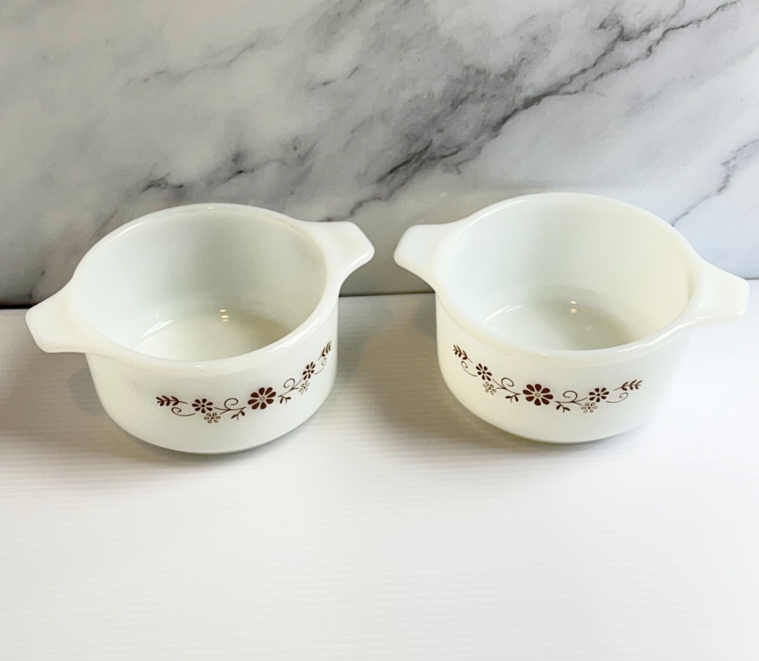 Dynaware Pyr-o-rey Milk Glass Ovenware Bowls, Set of 2, Brown Daisy ...