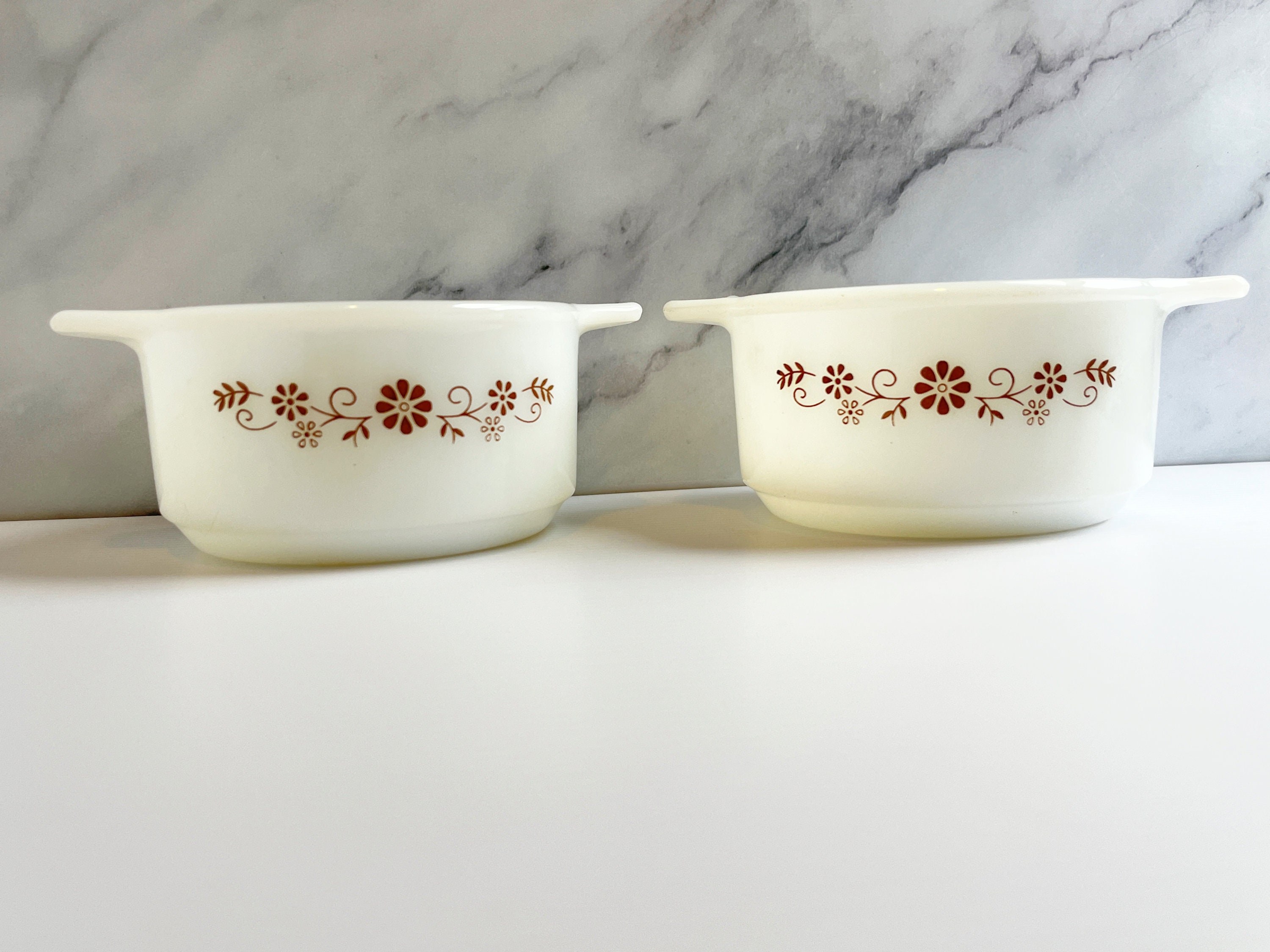 Dynaware Pyr-o-rey Milk Glass Ovenware Bowls, Set of 2, Brown Daisy ...