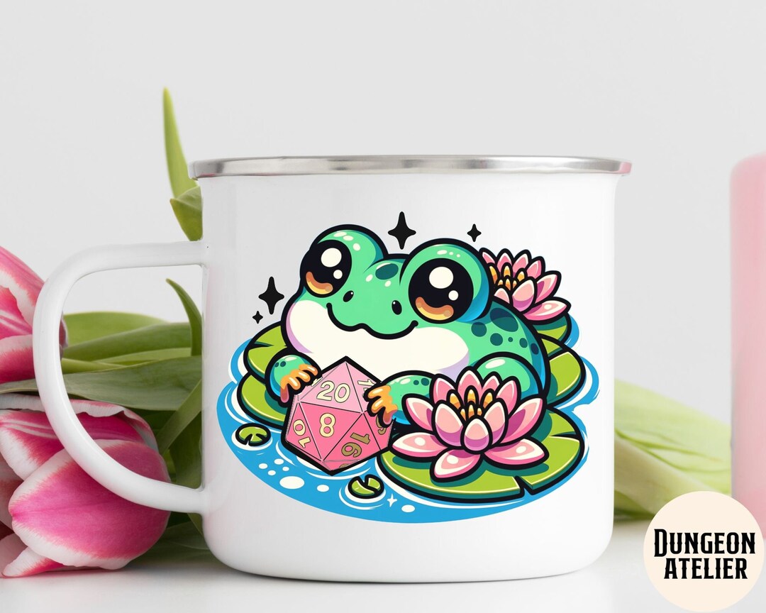 DND FROG MUG, Frog Dice, Dnd Froggy, Dnd Enamel Cup, Cute Kawaii Frog ...