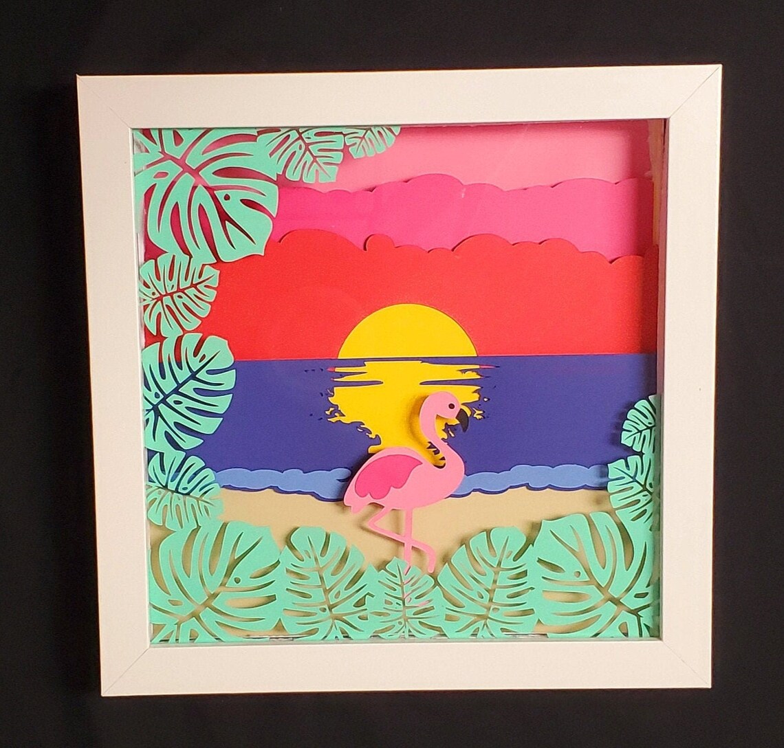 3D Flamingo Layered Papercut Shadow Box | Paper Cut in White Box Frame ...